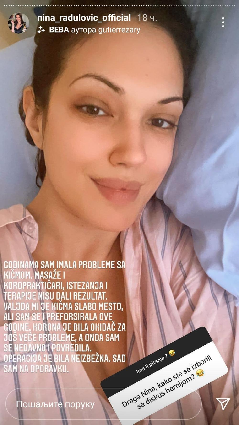 U BOLNICI NINA RADULOVIĆ! Operisana, oglasila se iz bolničkog kreveta kako se oseća!