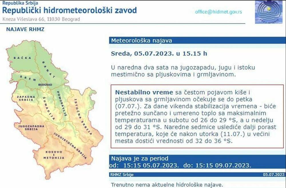 Upozorenje RHMZ-a za 5. jul
