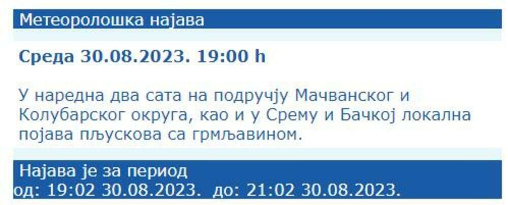 Pljuskovi sa grmljavinom u naredna dva sata 30. avgusta 2023