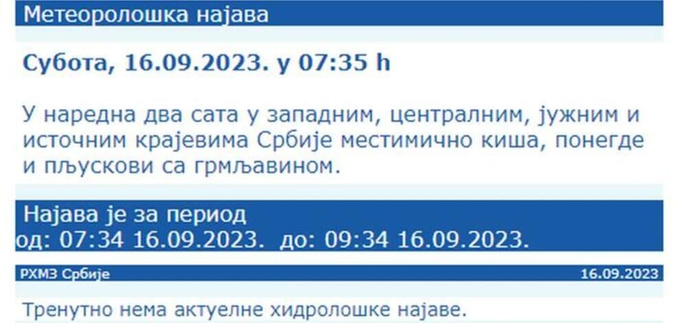 Pljuskovi u naredna dva sata u Srbiji 16. septembra 2023