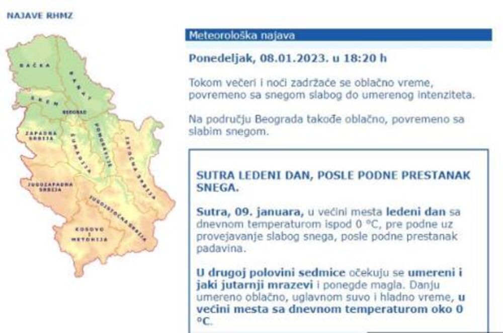 Upozorenje RHMZ za večeras, 8. januar. 2024