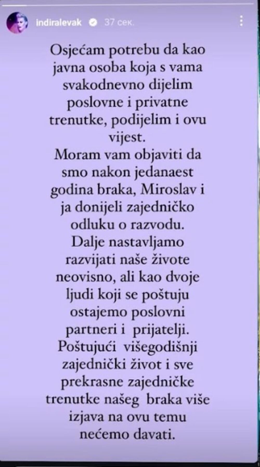 Razvodi se Indira Levak